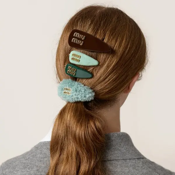 Miu Miu Set Of Leather, Suede, And Shearling Hair Clips - Fir